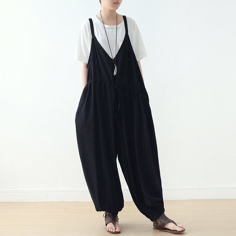 Womens Summer Loose Fitting V Neck Cotton Overalls Jumpsuit With ...