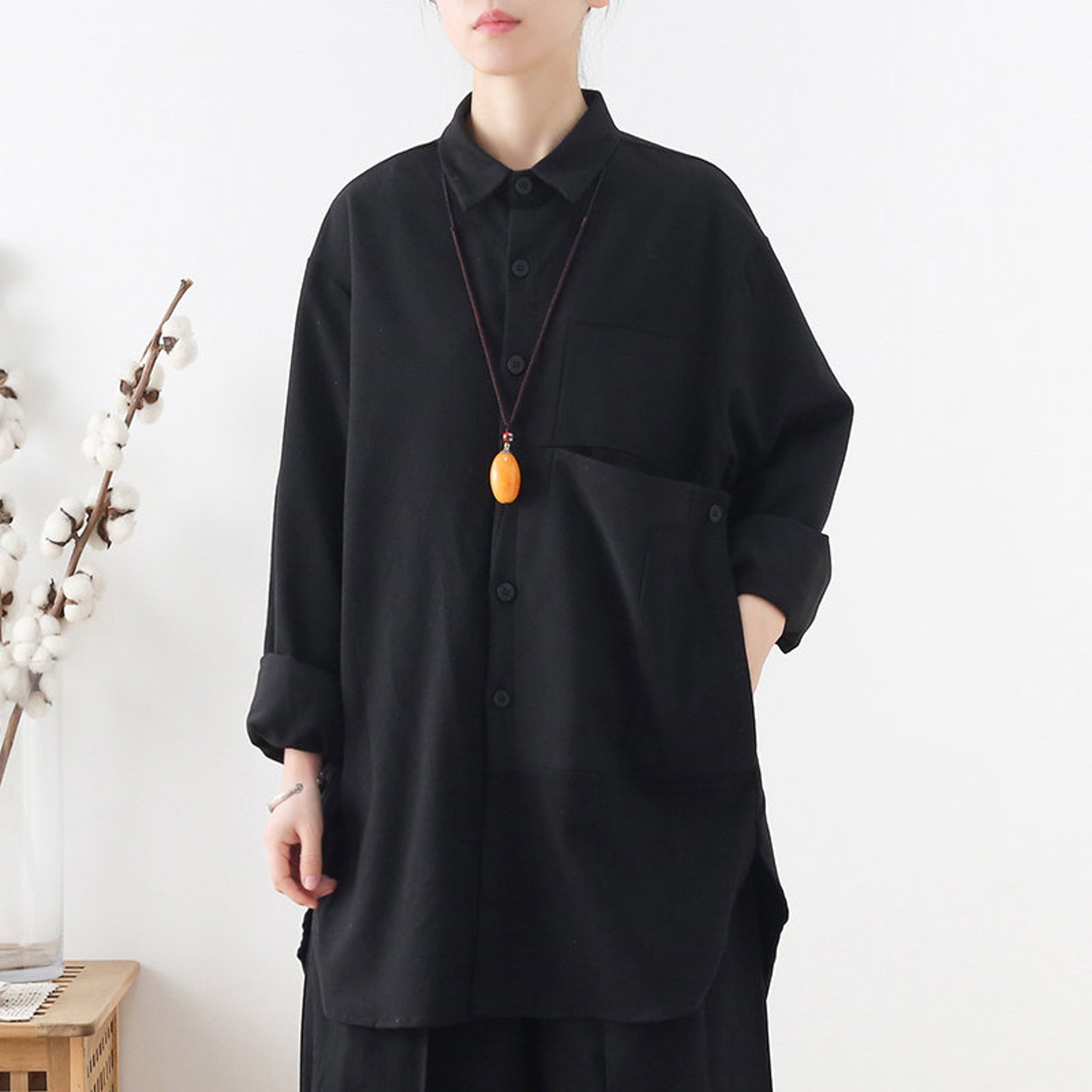 Womens Loose Fitting Minimalist Black Cotton Shirt Blouses - Etsy