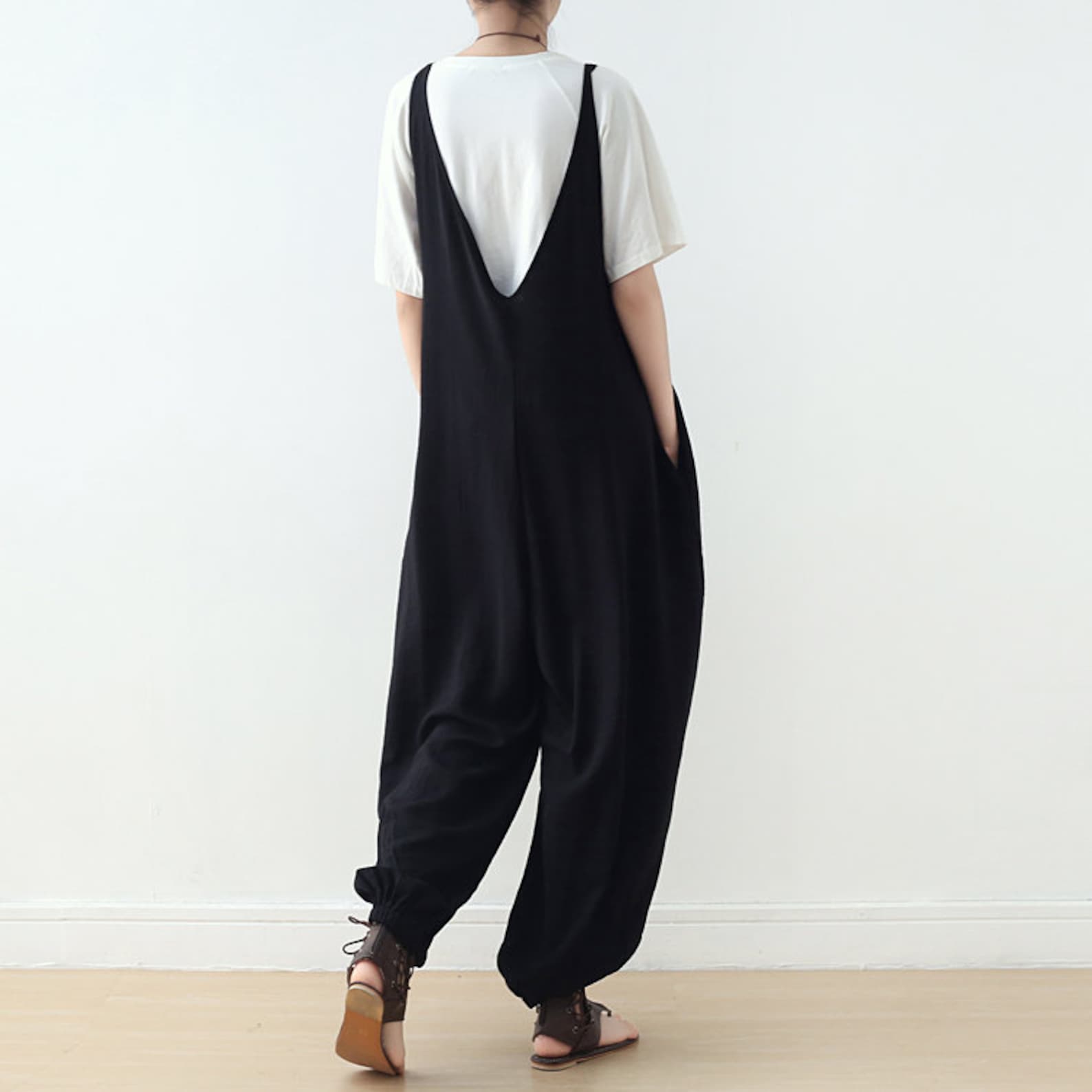 Womens Summer Loose Fitting V Neck Cotton Overalls Jumpsuit With ...
