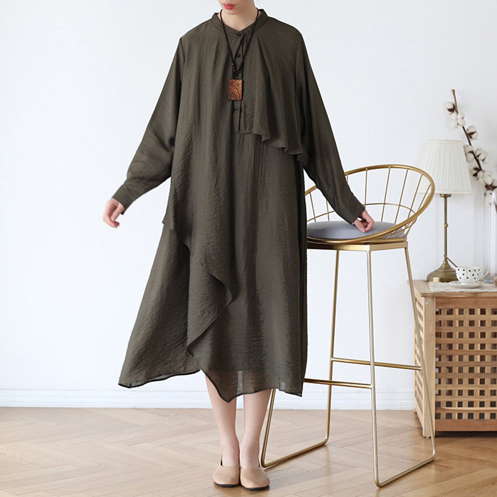 Womens Loose Fitting Elegant Stand Collar Asymmetric Cotton - Etsy