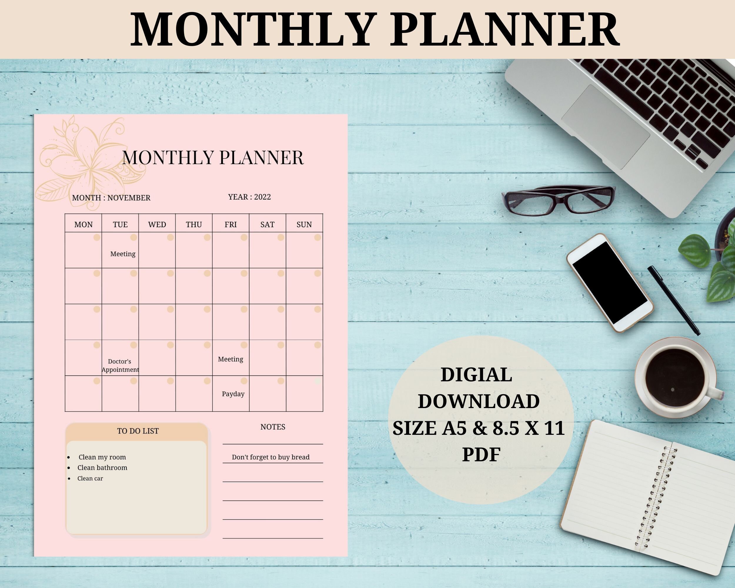 Blank Monthly Planner Printable Digital Download PDF to Do List, Notes ...