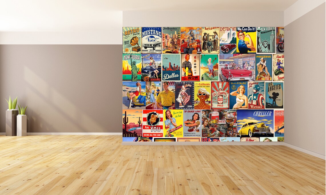 Retro Poster Wallpaper Vintage Wall Mural Pop Art Vintage Mural Collage ...