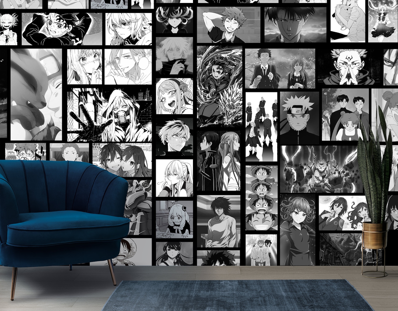 Anime Characters Wallpaper Black & White Wall Mural Japanese Manga Peel ...