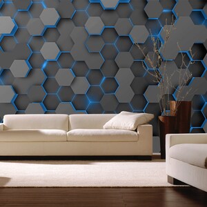 Blue Hexagon Shapes Abstract Wall Art Geometric Hi-tech Mural Wallpaper ...