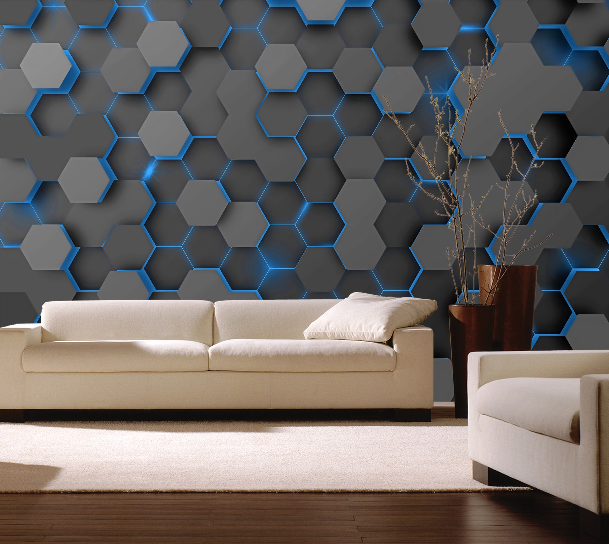 Blue Hexagon Shapes Abstract Wall Art Geometric Hi-tech Mural Wallpaper ...