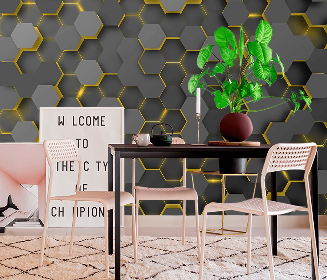 Modern Hexagon Yellow Texture Wallpaper 3D Geometric Wall - Etsy