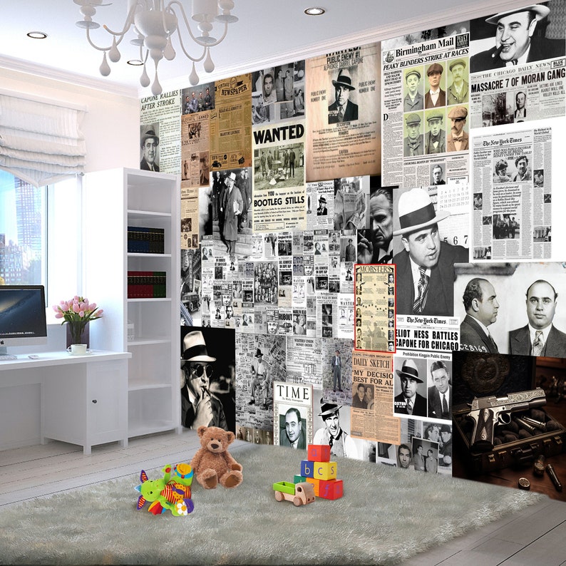 Vintage Gangster Wallpaper Black and White Newspaper Mural Peel and ...