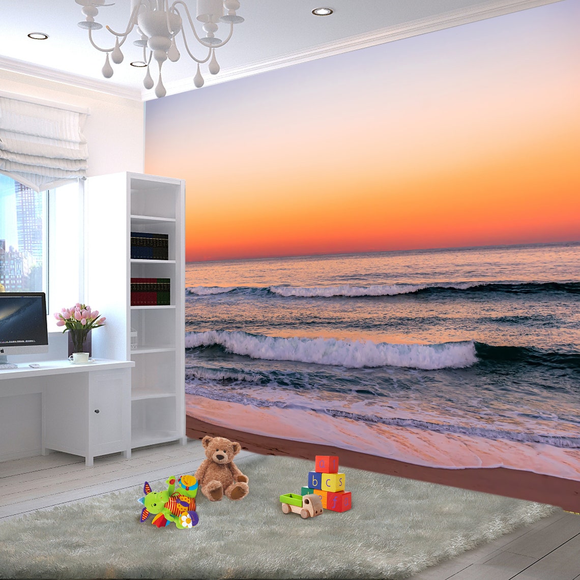 Sunset Beach Mural Tropical Wallpaper Ocean Wave Decal Peel and Stick ...