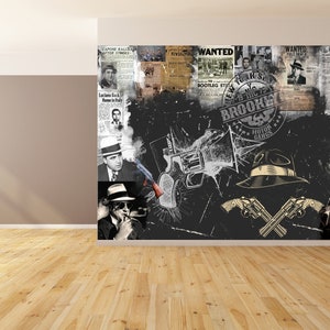 Vintage Gangster Wallpaper Retro Newspaper and Wanted Mural Criminal ...