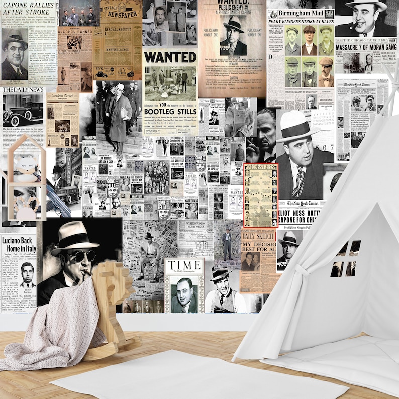 Vintage Gangster Wallpaper Black and White Newspaper Mural Peel and ...