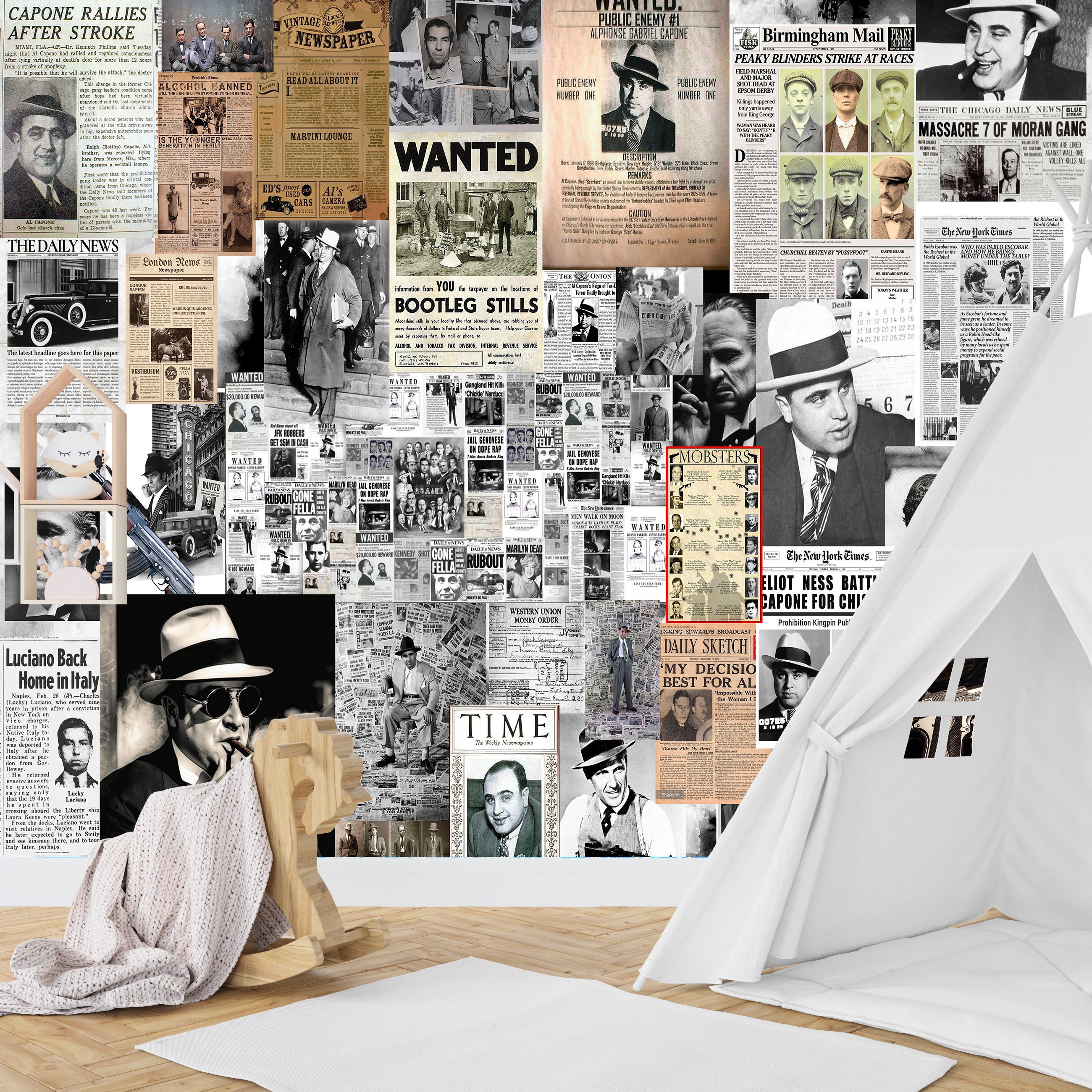 Vintage Gangster Wallpaper Black and White Newspaper Mural Peel and ...