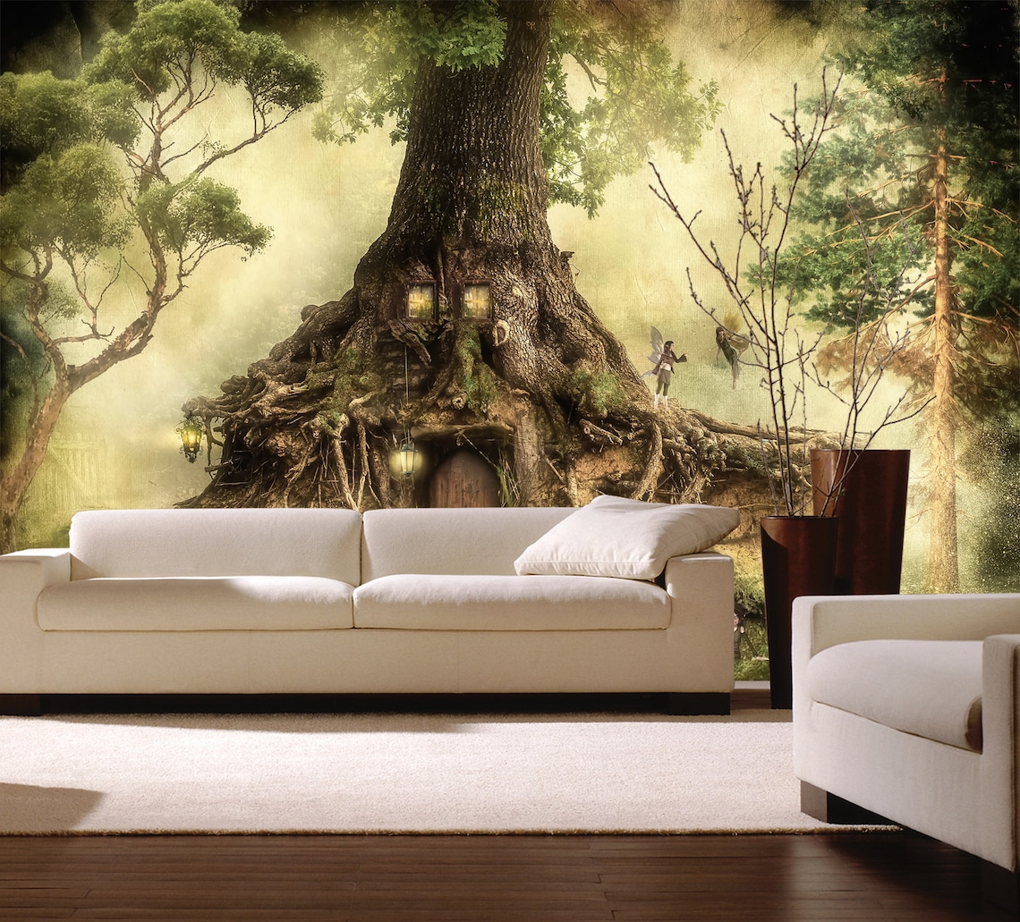 Fantasy Enchanted Forest Wall Mural Treehouse Wallpaper Magic - Etsy