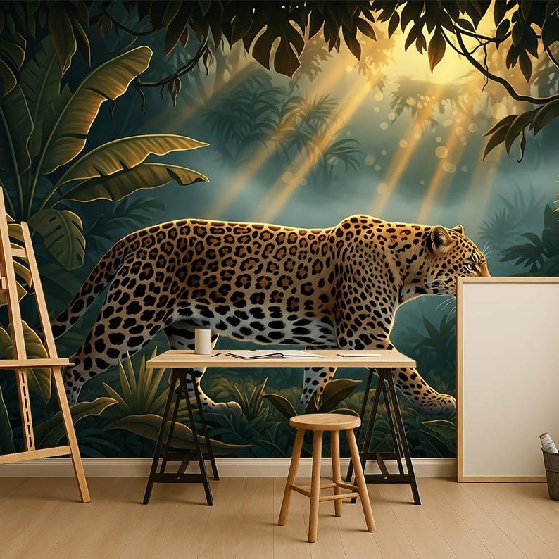 Leopard Wall Mural, Tropical Jungle Wallpaper, Safari Animal Peel and ...