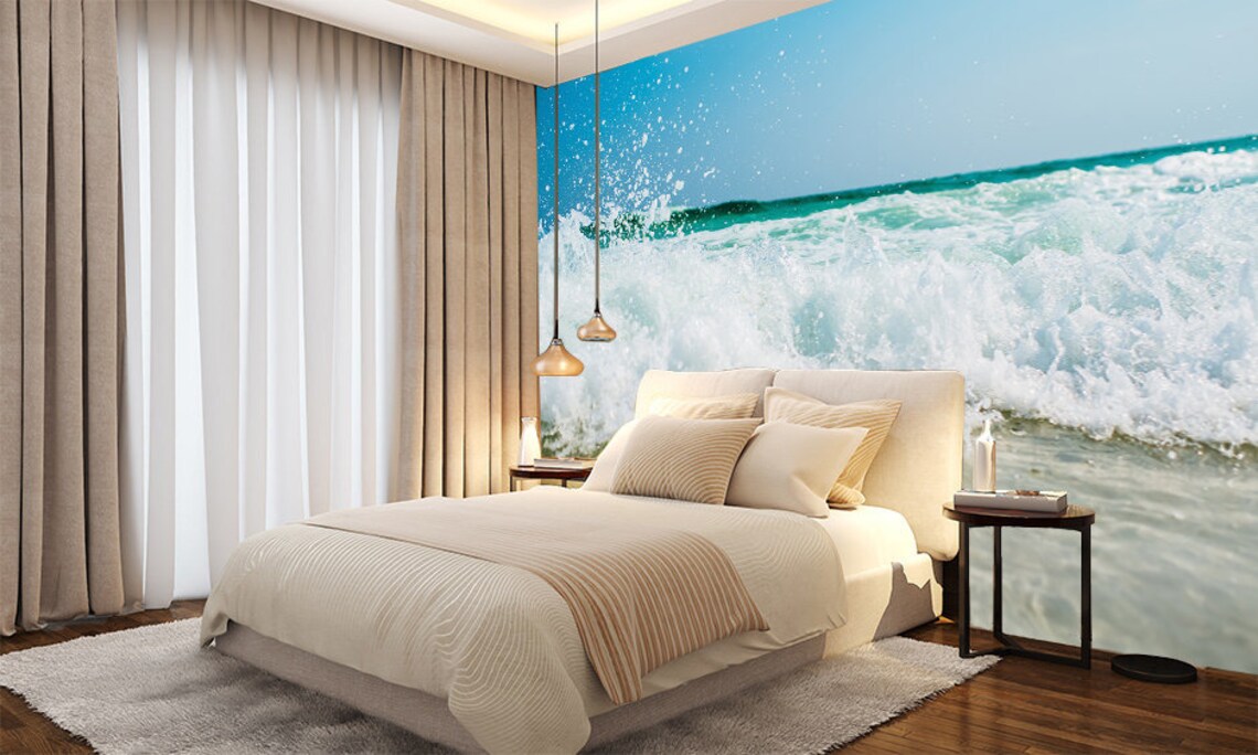 Beach Wallpaper Sea Mural Print Blue Wave Wallpaper Peel and Stick ...