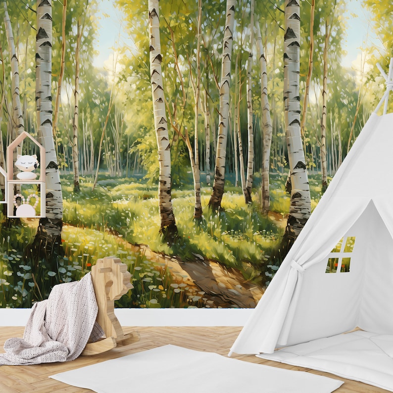 Birch Tree Mural Woodland Wallpaper Nature Wall Art Nursery - Etsy