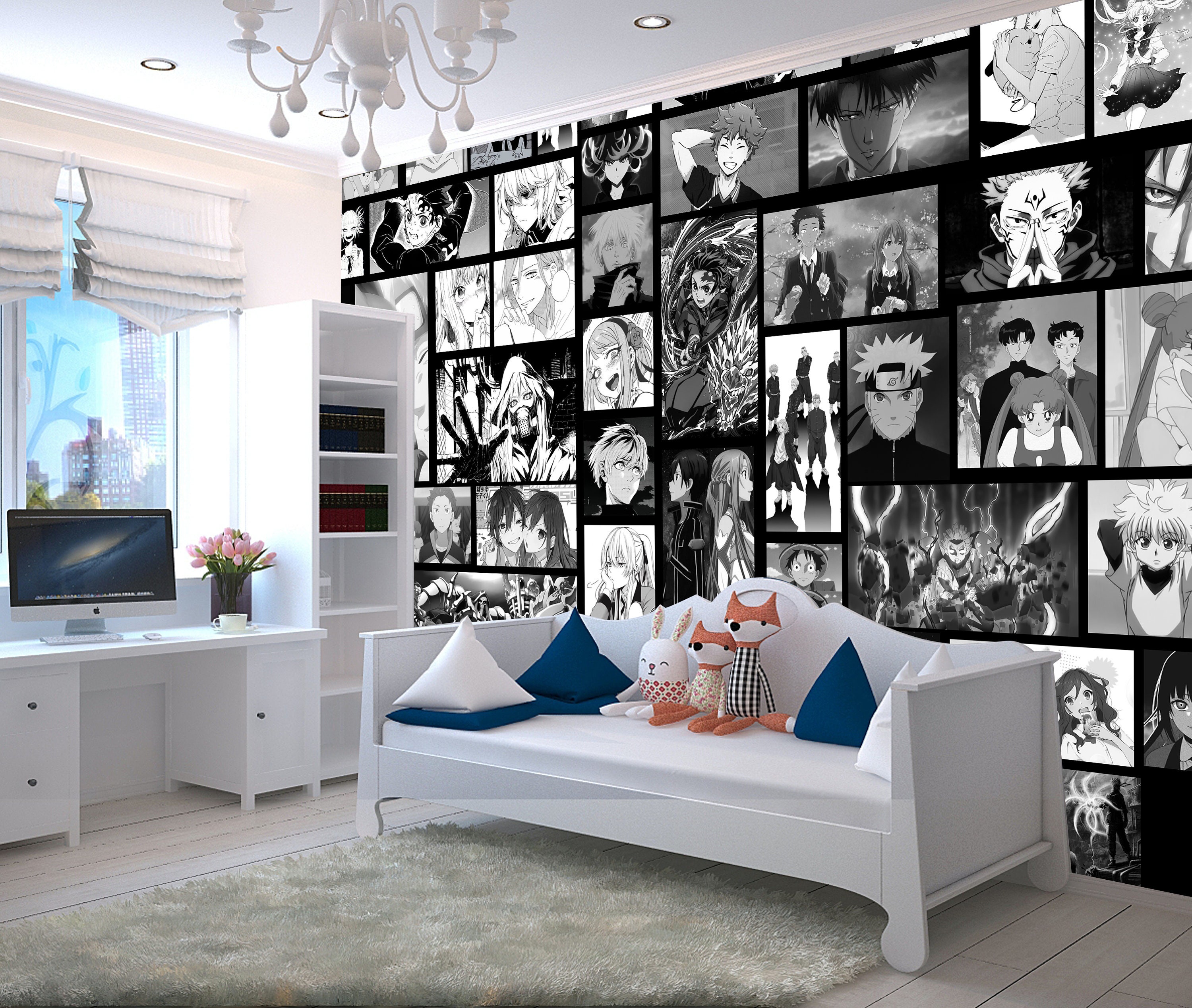Anime Characters Wallpaper Black & White Wall Mural Japanese Manga Peel ...