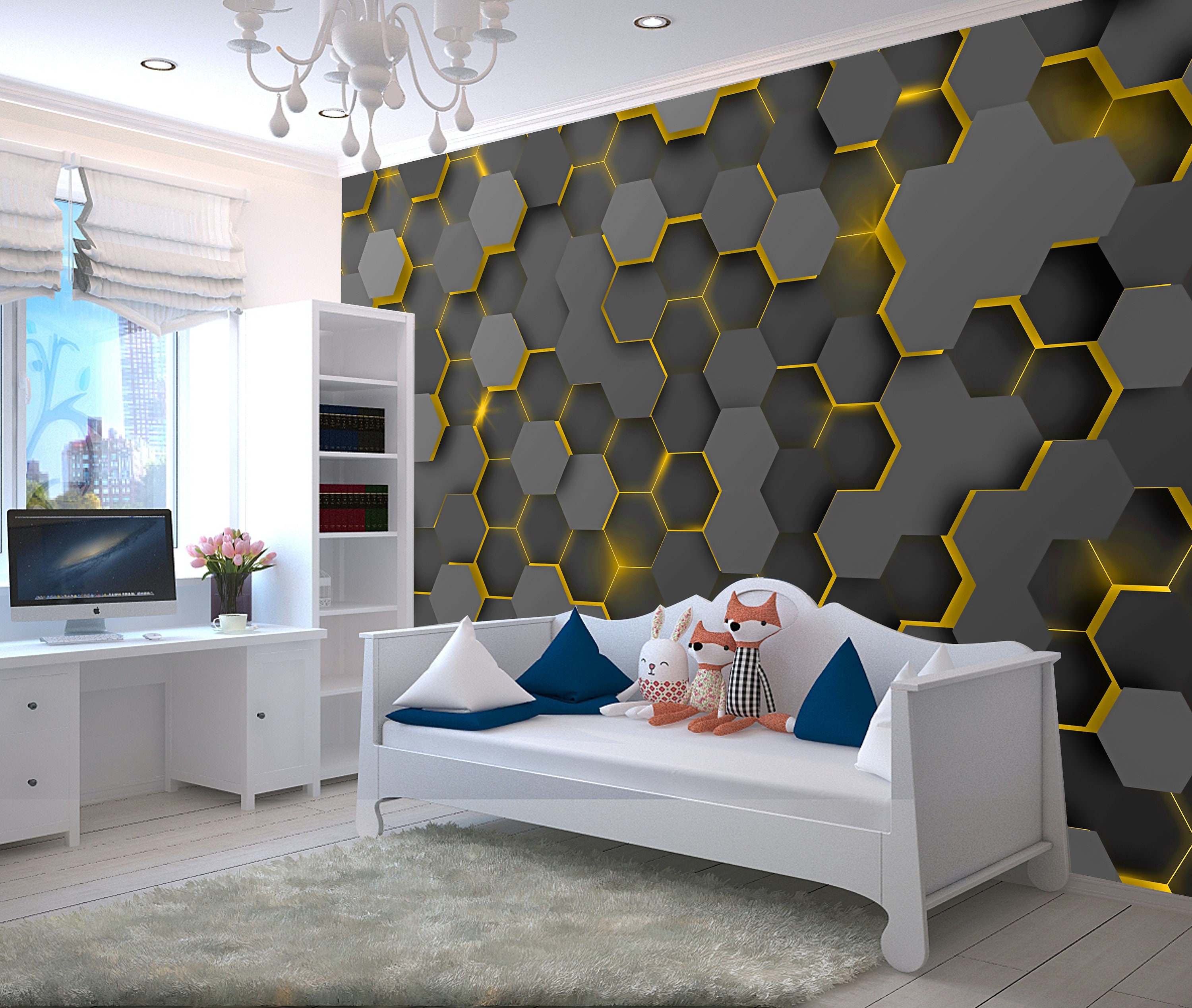 Modern Hexagon Yellow Texture Wallpaper 3D Geometric Wall - Etsy