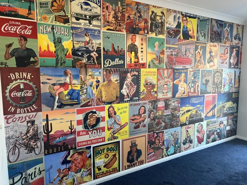 Retro Poster Wallpaper Vintage Wall Mural Pop Art Vintage Mural Collage ...