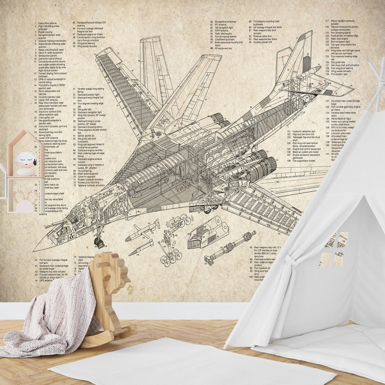 Bomber Plane Blueprint Wallpaper – Vintage Aviation Mural, Peel and ...