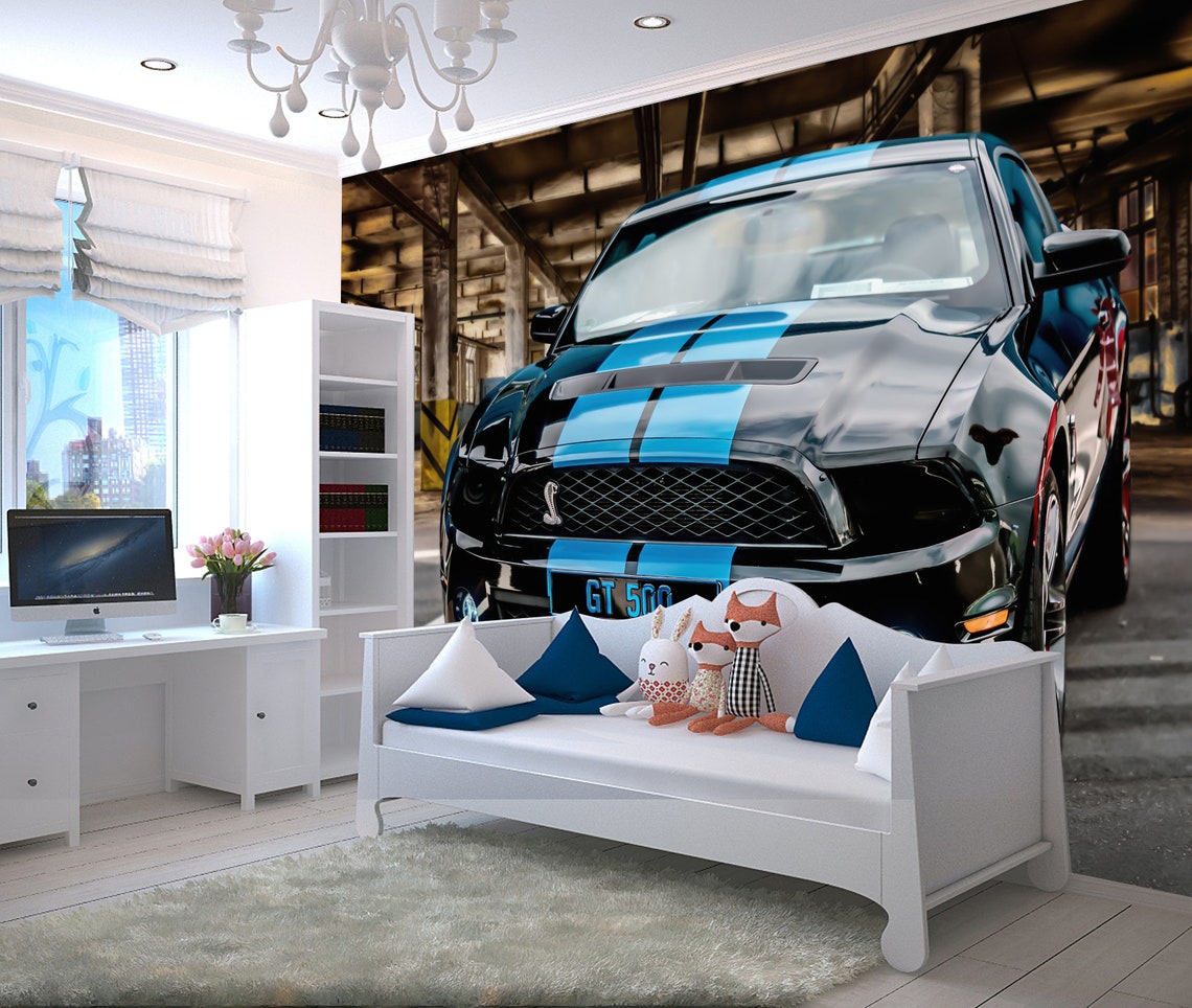 Shelby Mustang Wallpaper GT500 Blue Car Wall Mural Baby Room Wall Decor ...