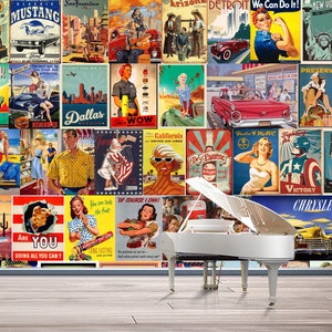 Retro Poster Wallpaper Vintage Wall Mural Pop Art Vintage Mural Collage ...