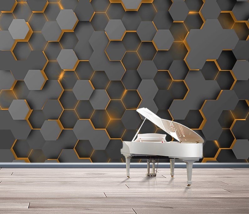 Geometric Orange Color Wall Mural Hexagons Hi-tech Wallpaper Abstract ...