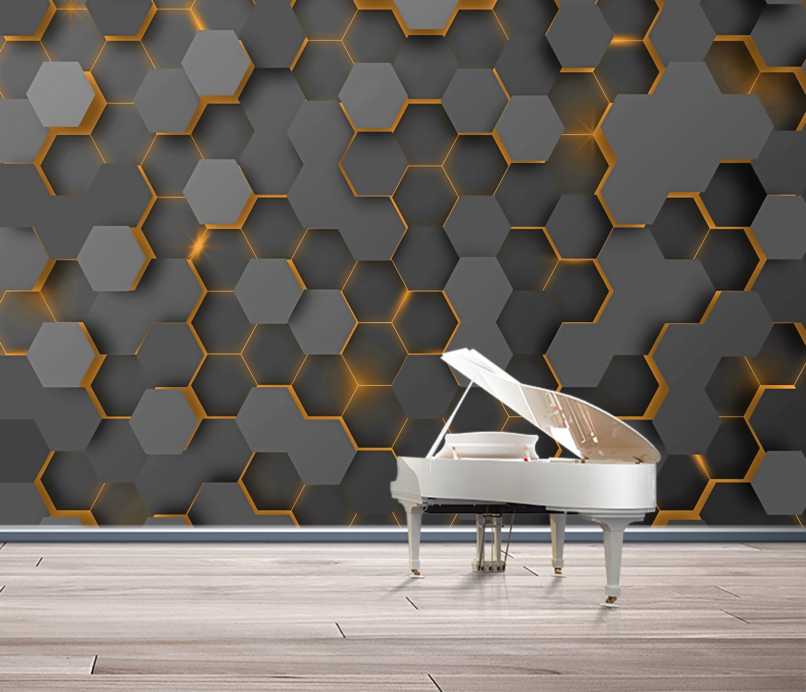 Geometric Orange Color Wall Mural Hexagons Hi-tech Wallpaper Abstract ...
