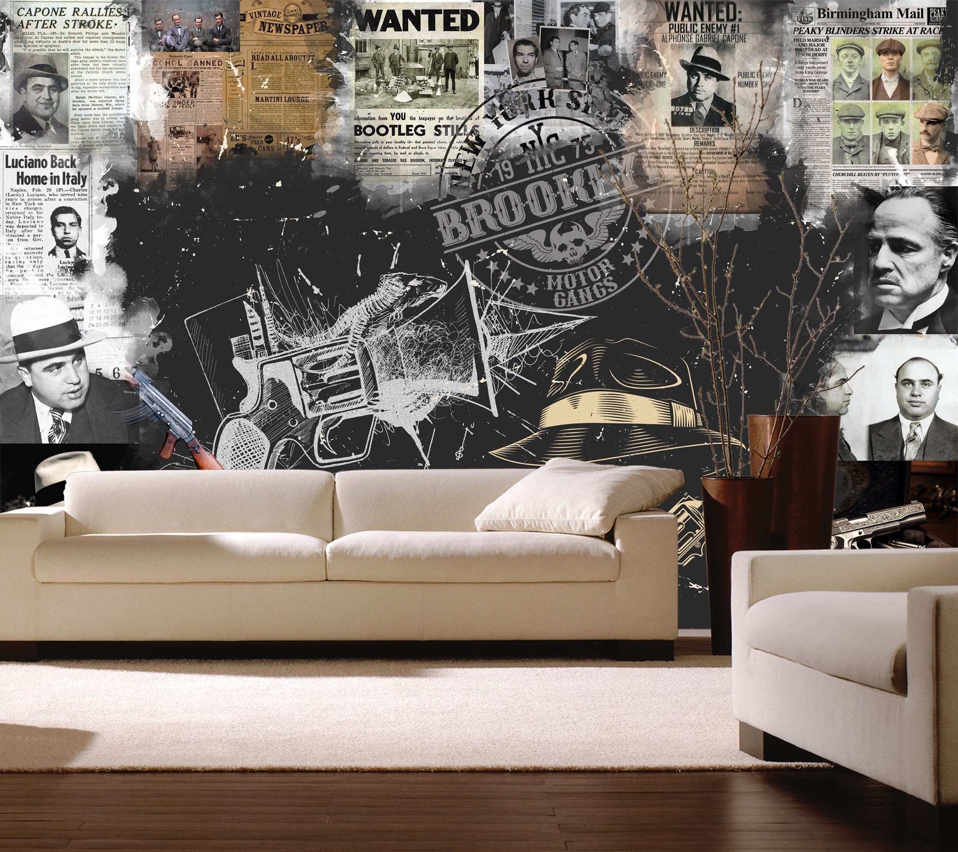 Vintage Gangster Wallpaper Retro Newspaper and Wanted Mural Criminal ...