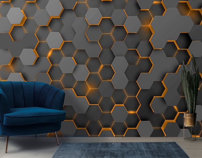 Geometric Orange Color Wall Mural Hexagons Hi-tech Wallpaper Abstract ...