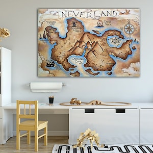 Neverland Canvas Map Wall Art Fantasy Maps Kid Map Game Room Print Kids ...