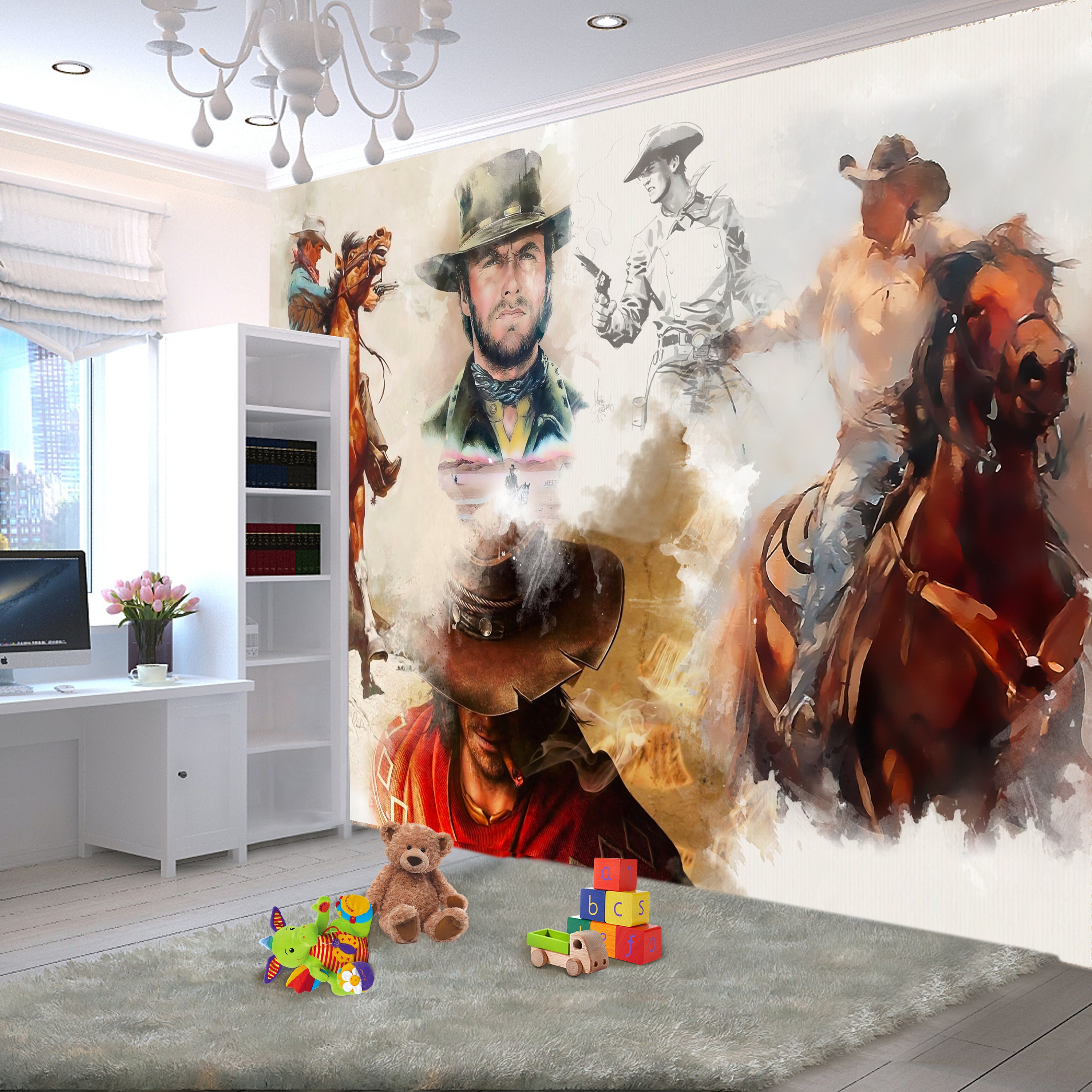 Vintage Cowboy Mural Western Wallpaper Peel and Stick Collage Children ...