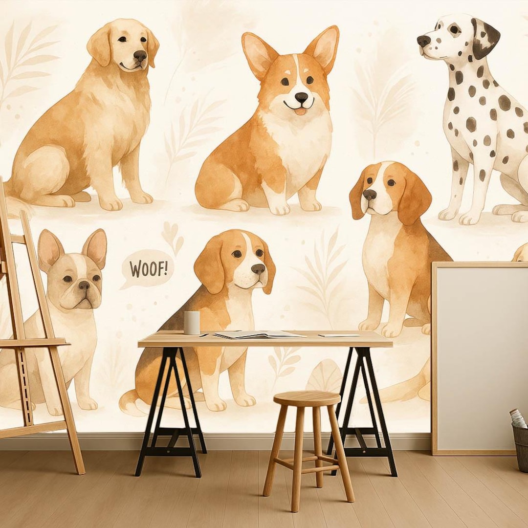 Cute Dogs Wallpaper for Kids Room Watercolor Puppy Wall Mural Peel and ...