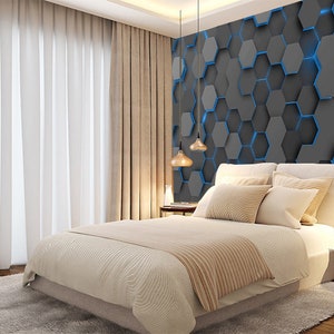 Blue Hexagon Shapes Abstract Wall Art Geometric Hi-tech Mural Wallpaper ...
