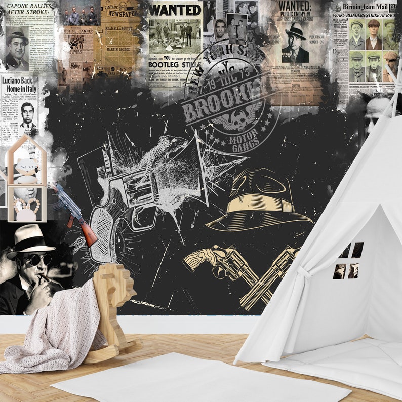 Vintage Gangster Wallpaper Retro Newspaper and Wanted Mural Criminal ...