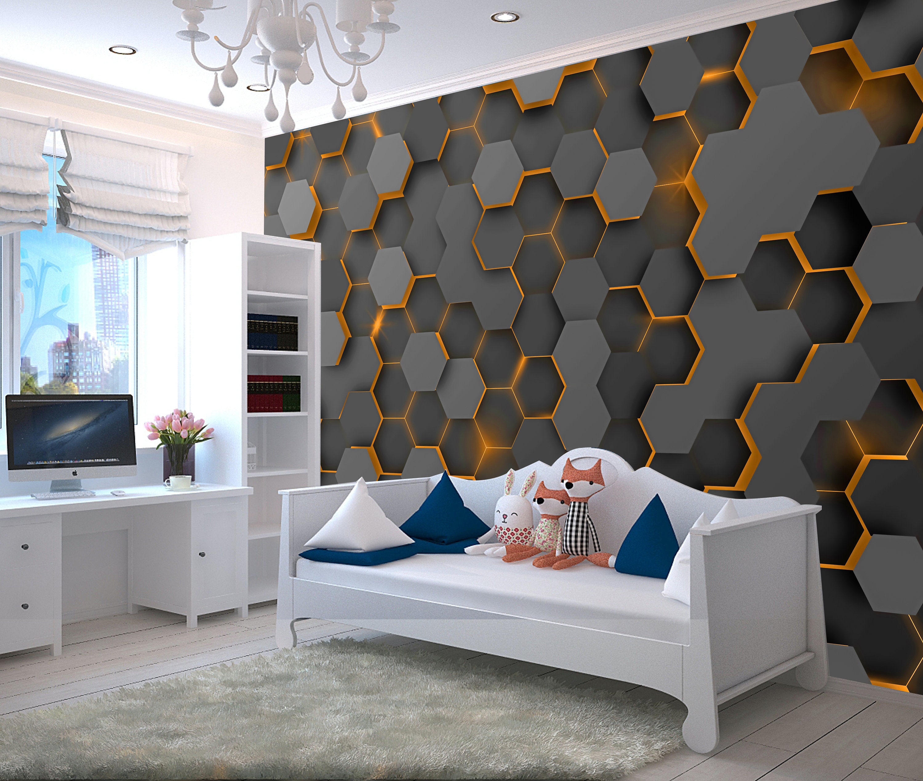 Geometric Orange Color Wall Mural Hexagons Hi-tech Wallpaper Abstract ...