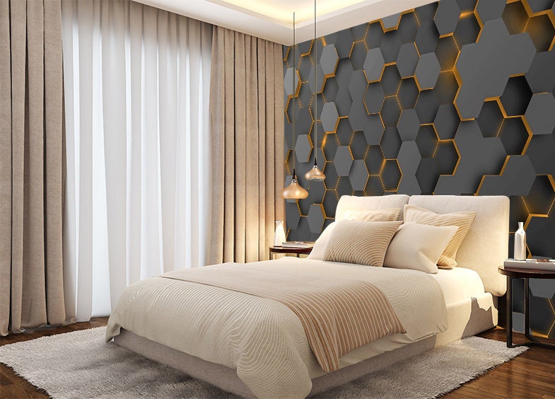 Geometric Orange Color Wall Mural Hexagons Hi-tech Wallpaper Abstract ...