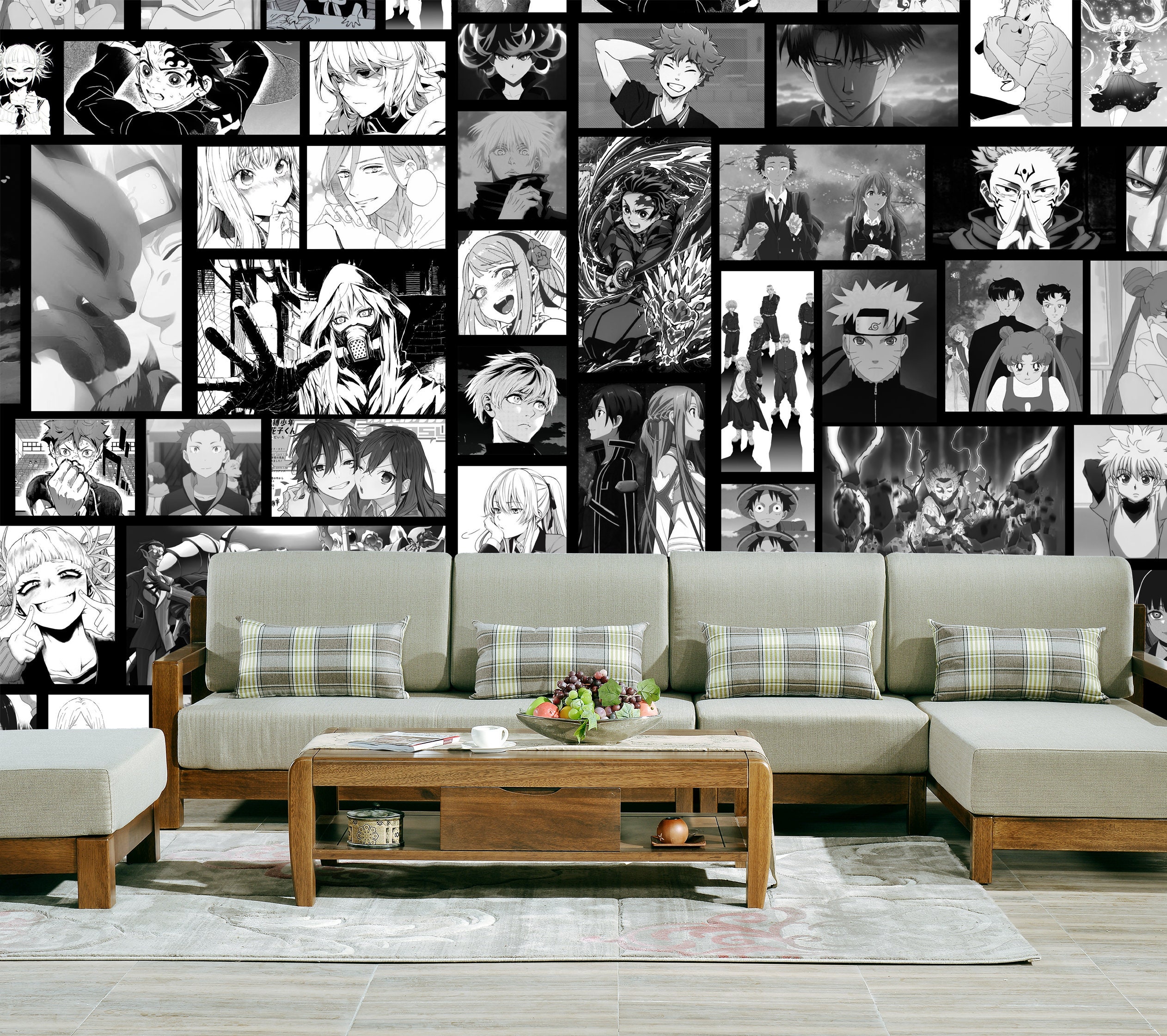 Anime Characters Wallpaper Black & White Wall Mural Japanese Manga Peel ...