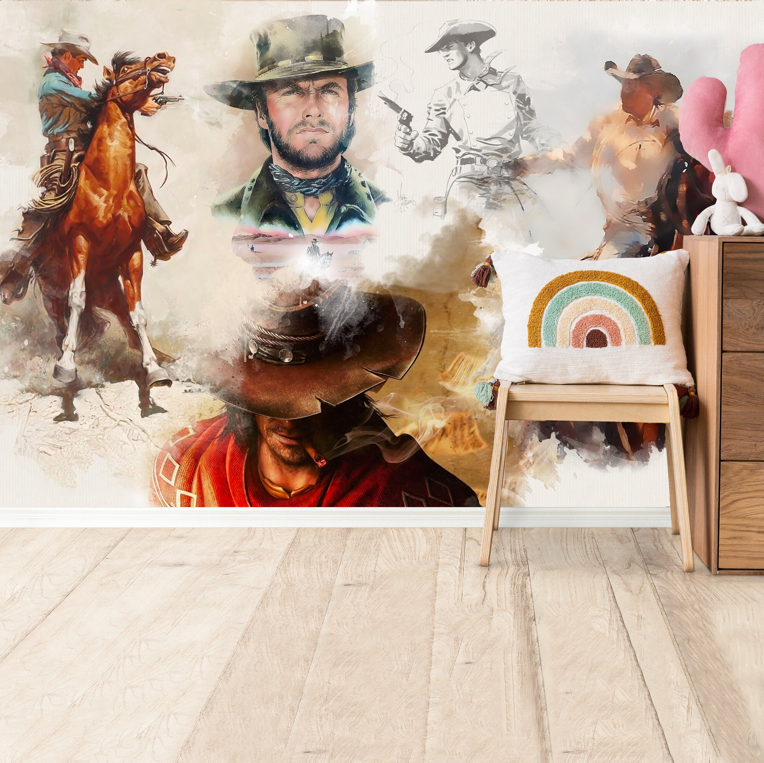 Vintage Cowboy Mural Western Wallpaper Peel and Stick Collage Children ...