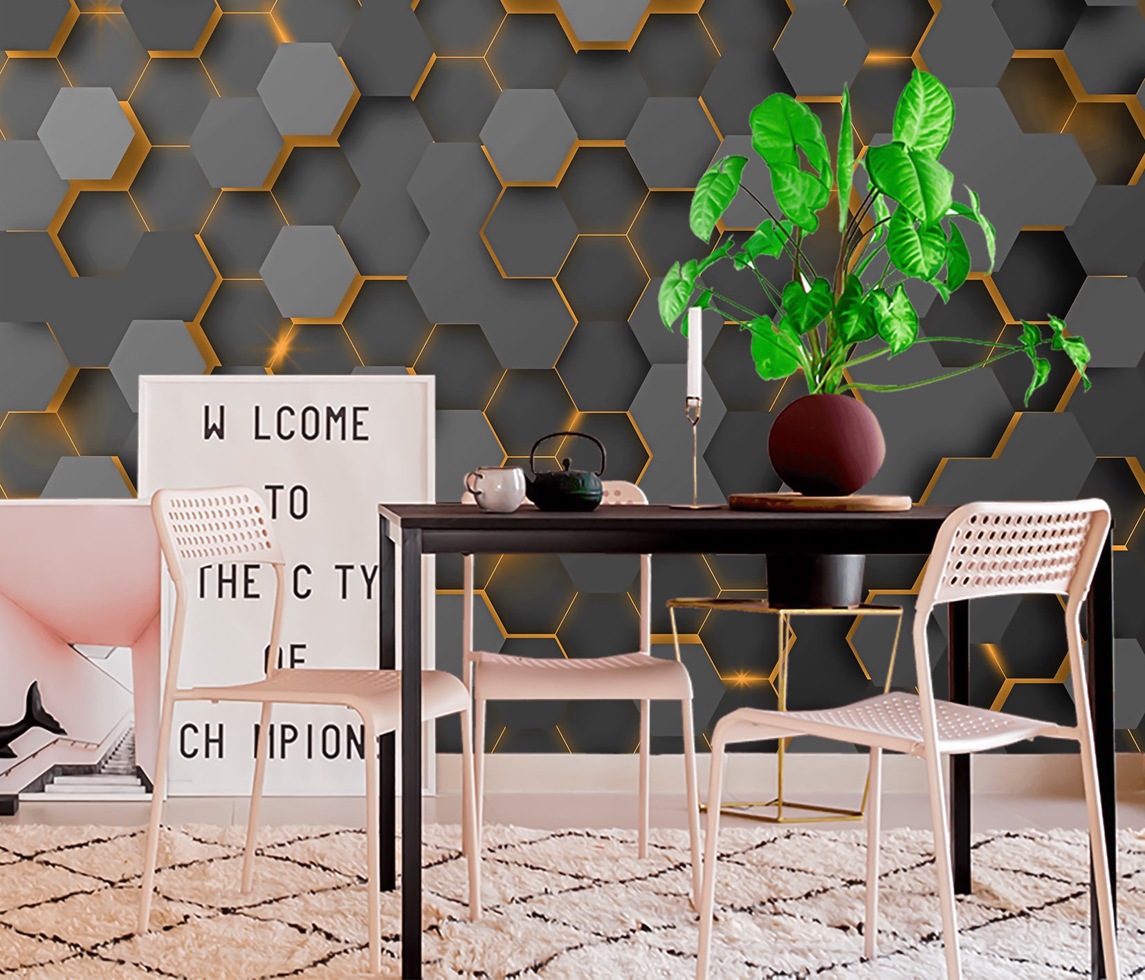 Geometric Orange Color Wall Mural Hexagons Hi-tech Wallpaper Abstract ...