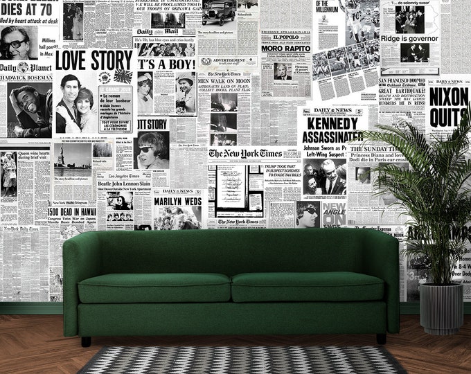 Retro Newspaper Wallpaper Print Black And White Modern Accent Wall