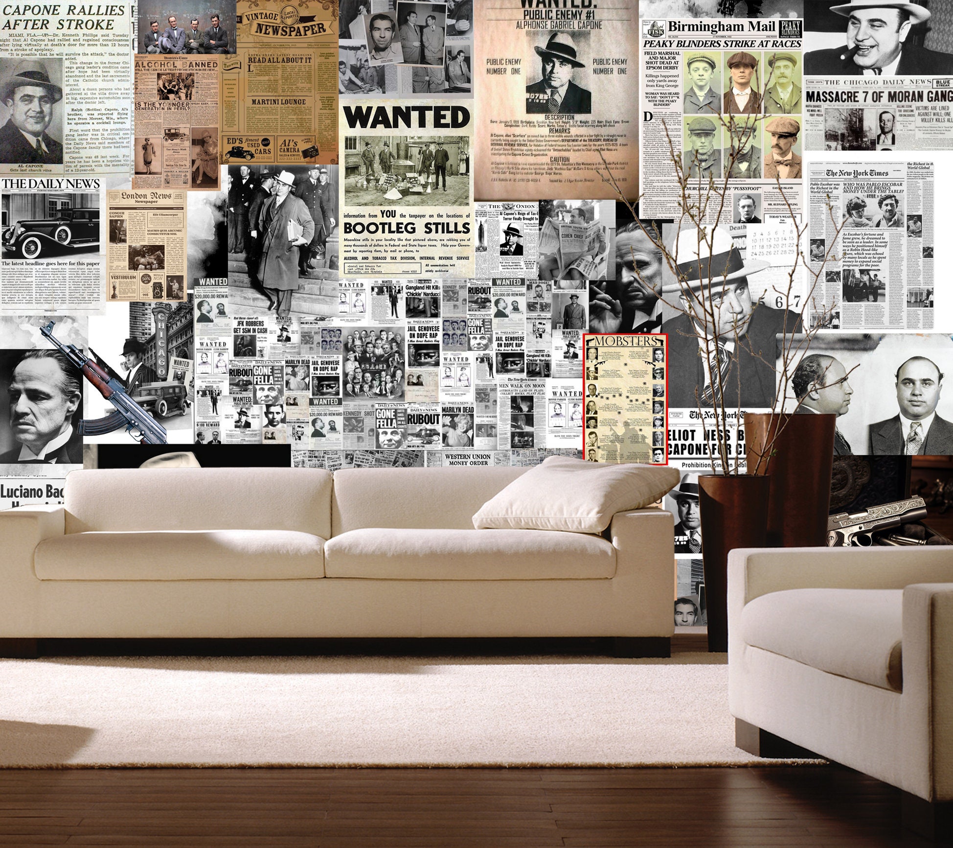 Vintage Gangster Wallpaper Black and White Newspaper Mural Peel and ...