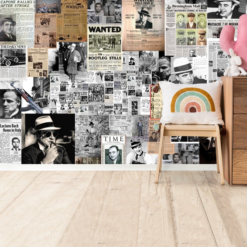 Vintage Gangster Wallpaper Black and White Newspaper Mural Peel and ...