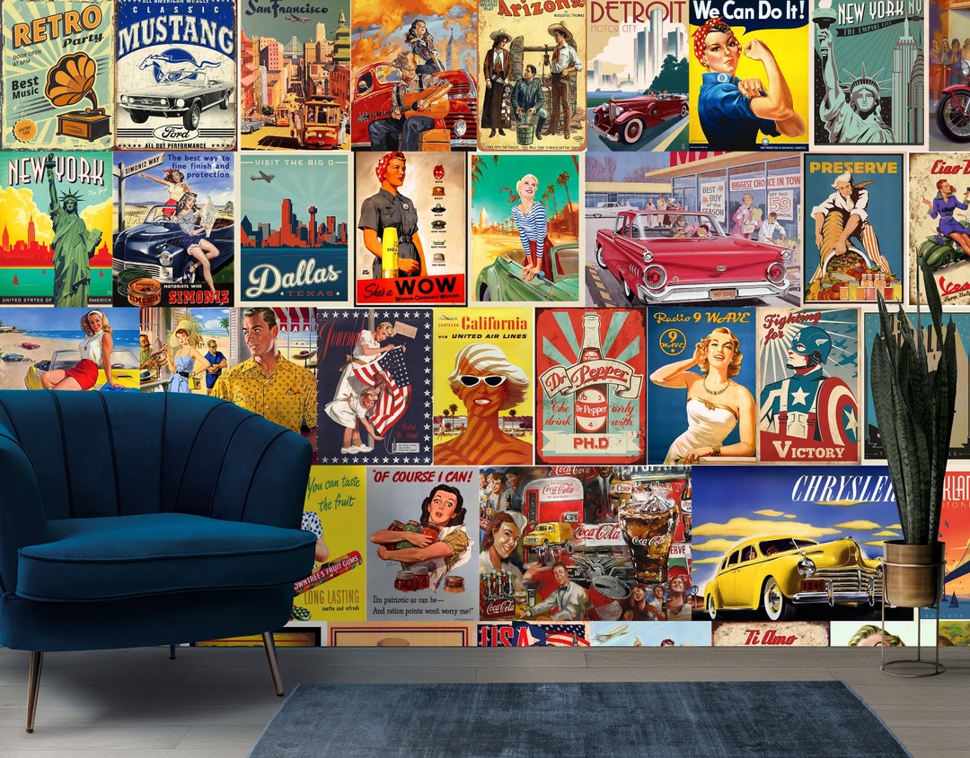 Retro Poster Wallpaper Vintage Wall Mural Pop Art Vintage Mural Collage ...