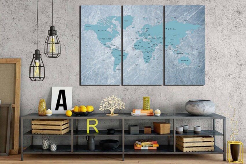 World map canvas Map wall art Nursery map Blue wall décor Kids | Etsy