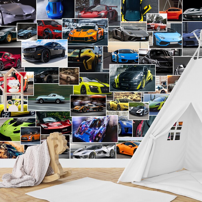 Sport Cars Collage Peel and Stick Wallpaper Boys Room Wall Mural Decor ...