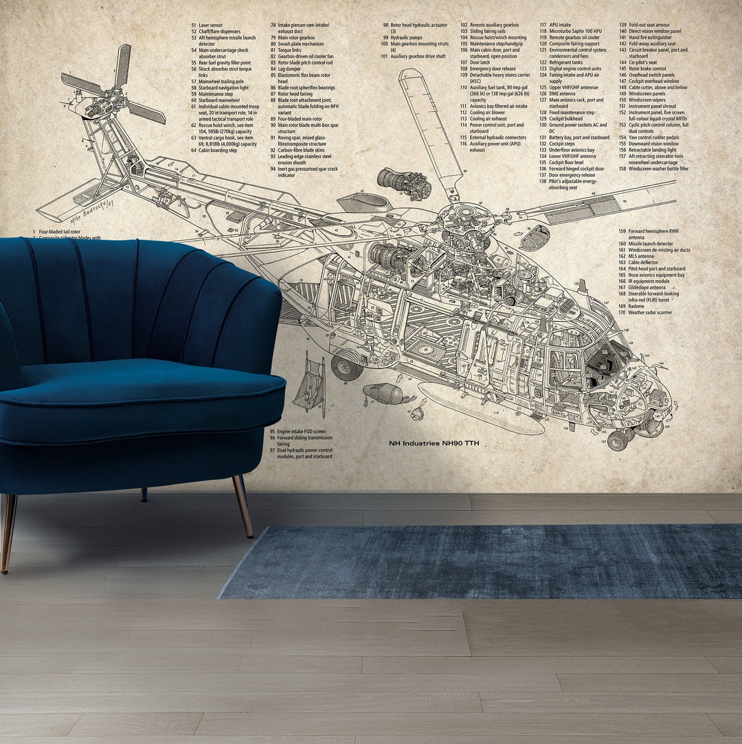 Vintage Military Helicopter Mural NHI NH90 Retro Aviation Blueprint ...