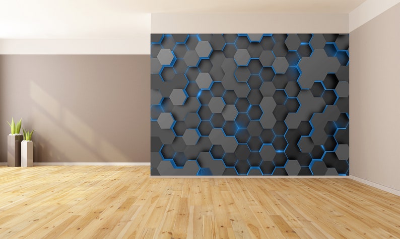 Blue Hexagon Shapes Abstract Wall Art Geometric Hi-tech Mural Wallpaper ...