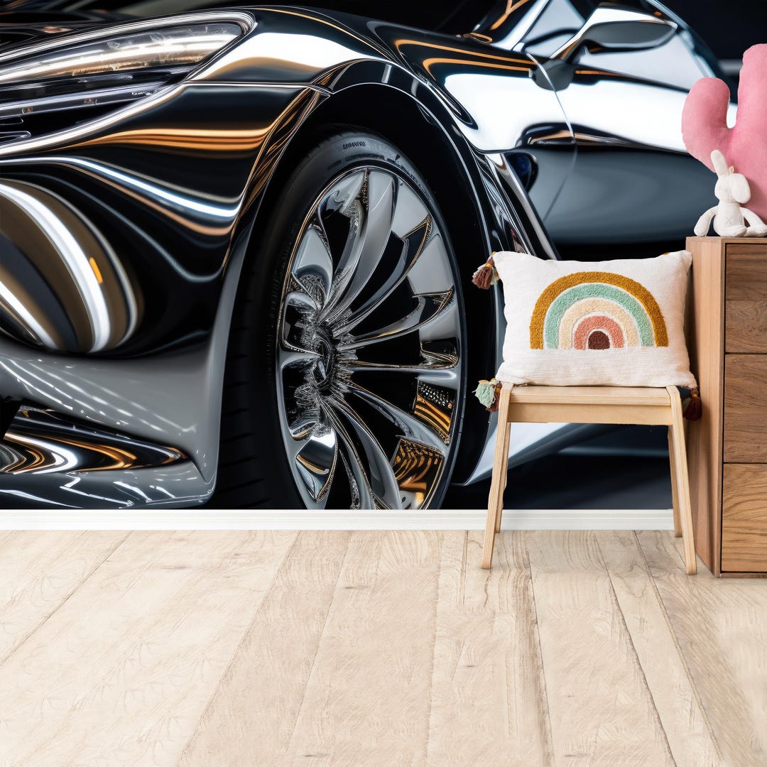 Luxury Sports Car Wall Mural Chrome Wheel Close-up Wallpaper Futuristic ...