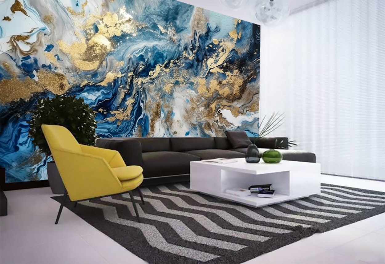 Blue Gold Wallpaper Marble Wall Mural Peel & Stick Wallpaper Bedroom ...