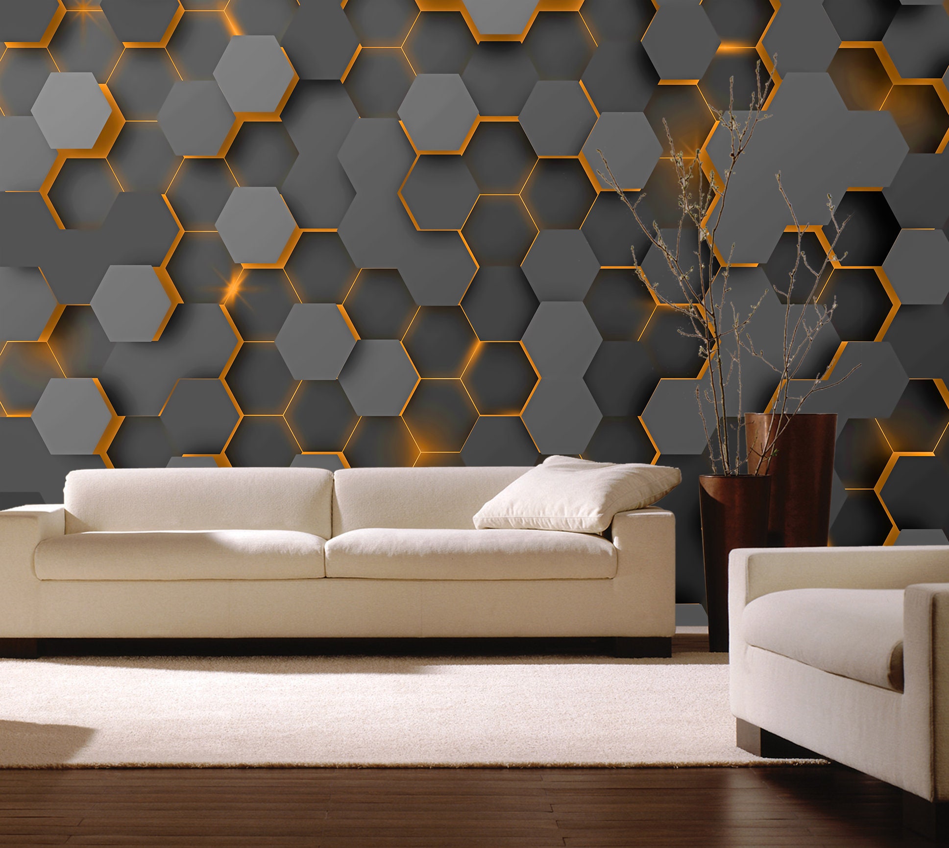 Geometric Orange Color Wall Mural Hexagons Hi-tech Wallpaper Abstract ...